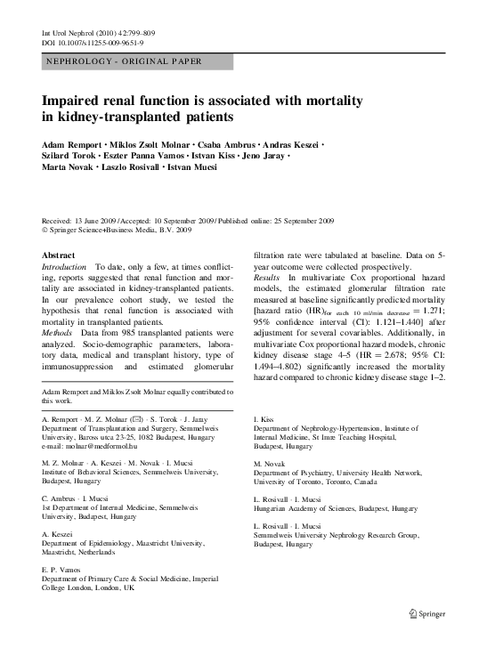 (PDF) Impaired renal function is associated with mortality in kidney ...