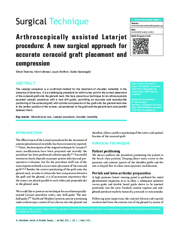 (PDF) Arthroscopically assisted Latarjet procedure: A new surgical approach for accurate ...