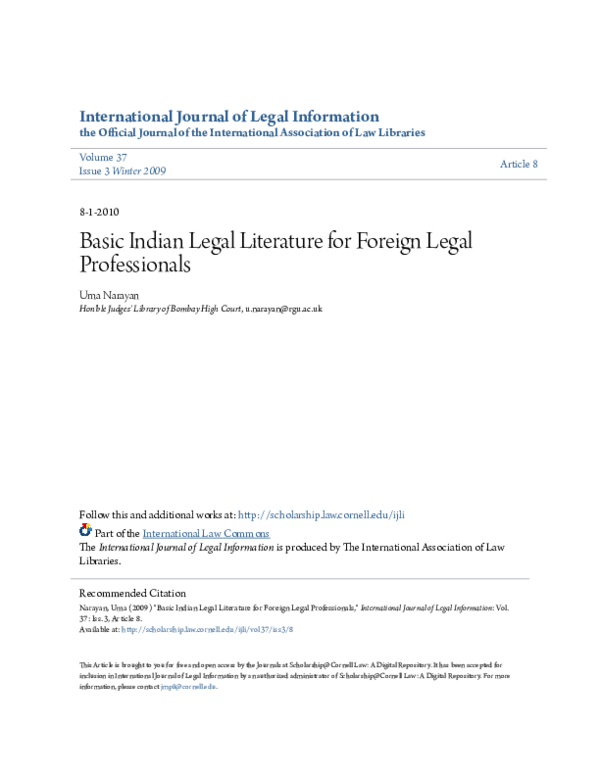 (PDF) Basic Indian Legal Literature for Foreign Legal Professionals**