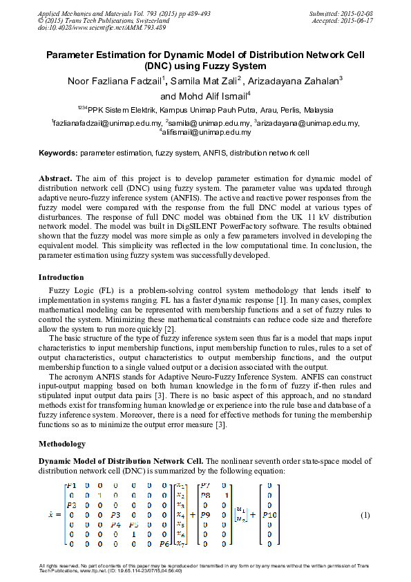 (PDF) Parameter Estimation for Dynamic Model of Distribution Network Cell (DNC) Using Fuzzy System