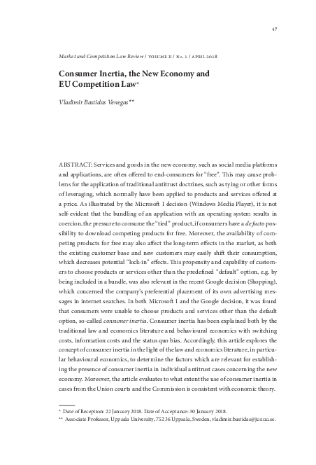 (PDF) Consumer Inertia, the New Economy and EU Competition Law