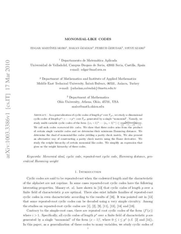 (PDF) Monomial-like codes