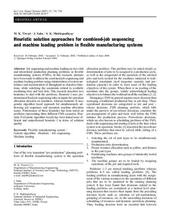 (PDF) Heuristic solution approaches for combined-job sequencing and machine loading problem in ...