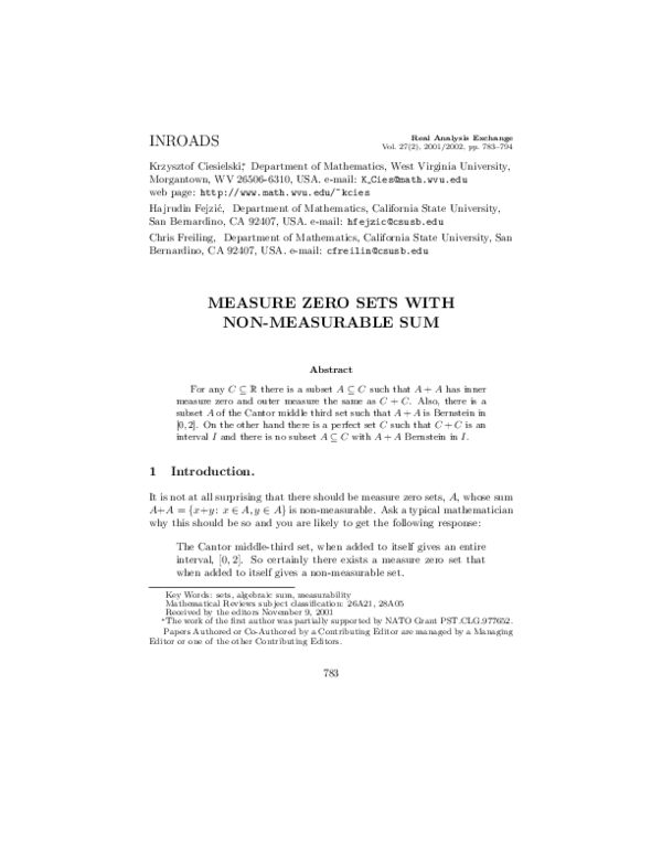 (PDF) Measure Zero Sets with Non-Measurable Sum