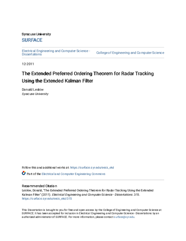 (PDF) The Extended Preferred Ordering Theorem for Radar Tracking Using the Extended Kalman Filter