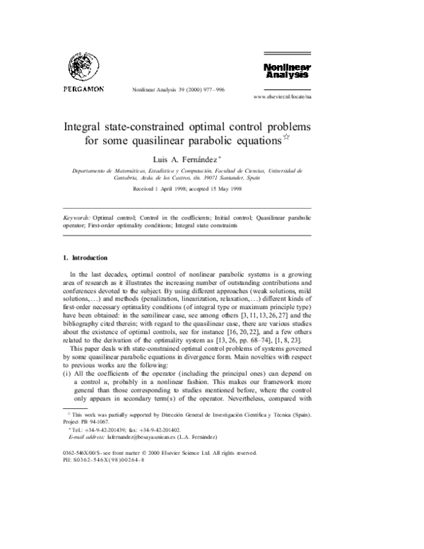 Pdf Integral State Constrained Optimal Control Problems For Some Quasilinear Parabolic Equations