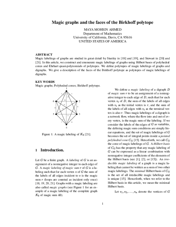 (PDF) Magic graphs and the faces of the Birkhoff polytope