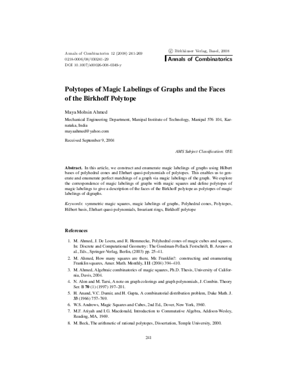 (PDF) Polytopes of Magic Labelings of Graphs and the Faces of the Birkhoff Polytope