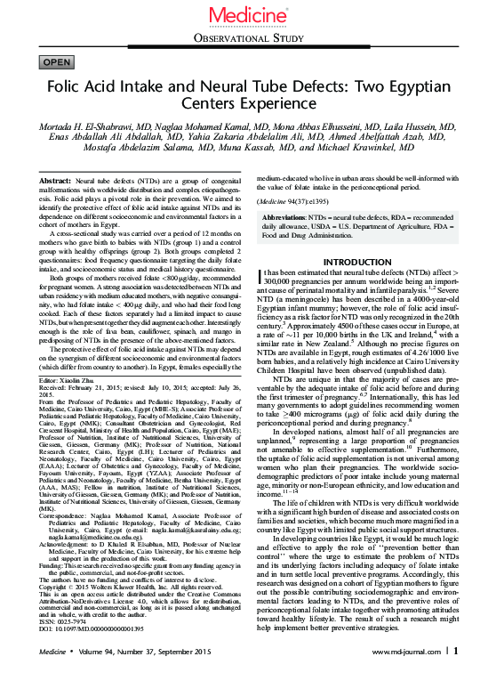 (PDF) Folic Acid Intake and Neural Tube Defects