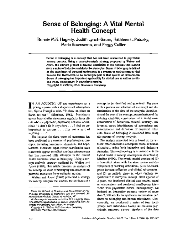 (PDF) Sense of belonging: A vital mental health concept