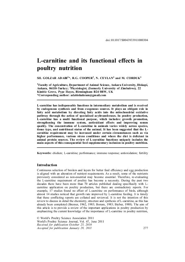 (PDF) L-carnitine and its functional effects in poultry nutrition