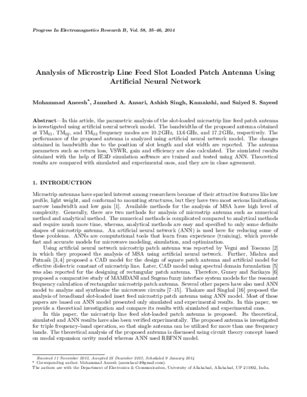 (PDF) Analysis of Microstrip Line Feed Slot Loaded Patch Antenna Using Artificial Neural Network