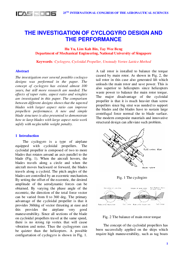 (PDF) THE INVESTIGATION OF CYCLOGYRO DESIGN AND THE PERFORMANCE