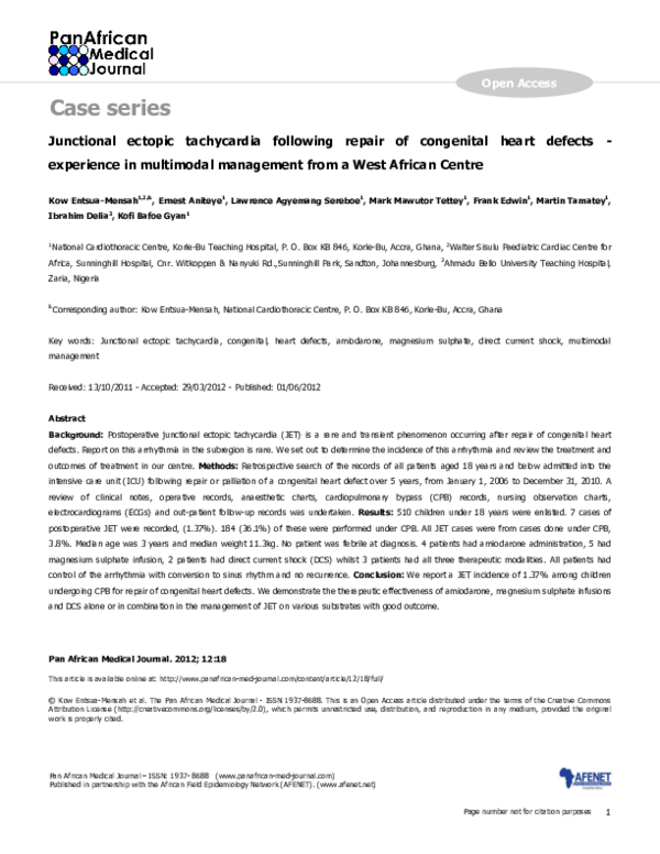 (PDF) Junctional ectopic tachycardia following repair of congenital ...