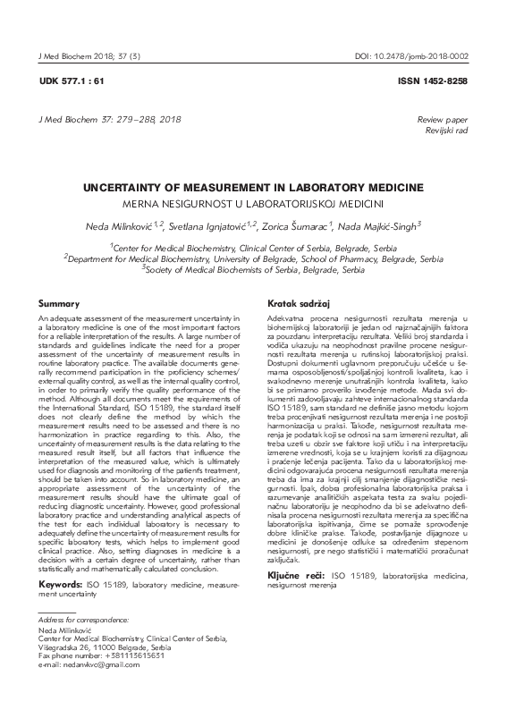 (PDF) Uncertainty of Measurement in Laboratory Medicine