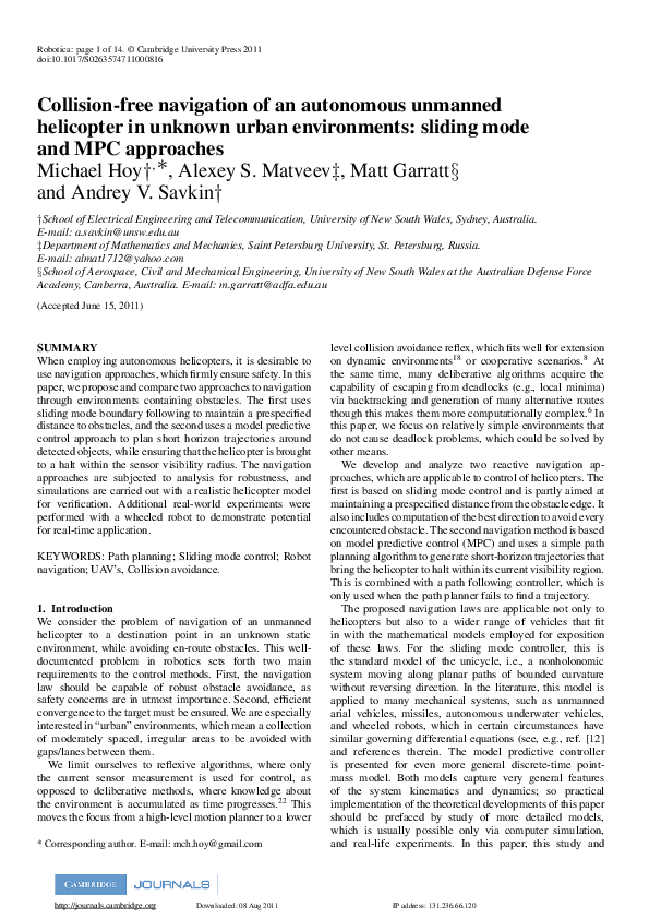 (PDF) Collision-free navigation of an autonomous unmanned helicopter in unknown urban ...