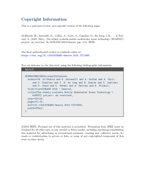 (PDF) The widely scalable Mobile Underwater Sonar Technology (WiMUST) project: An overview