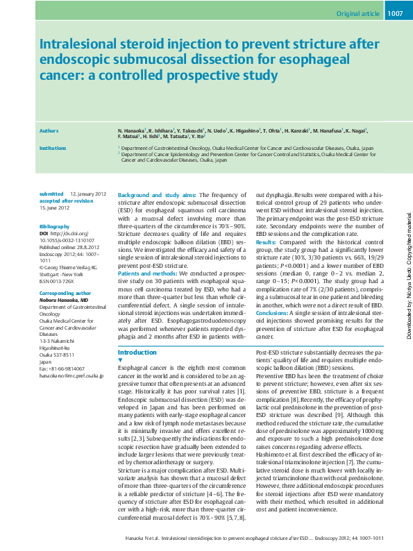 (PDF) Intralesional steroid injection to prevent stricture after endoscopic submucosal ...