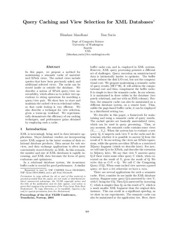Pdf Query Caching And View Selection For Xml Databases