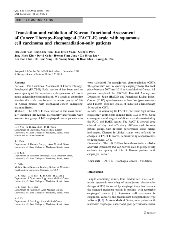 (PDF) Translation and validation of Korean Functional Assessment of ...