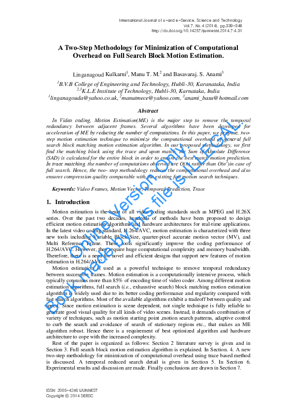 Pdf A Two Step Methodology For Minimization Of Computational Overhead On Full Search Block