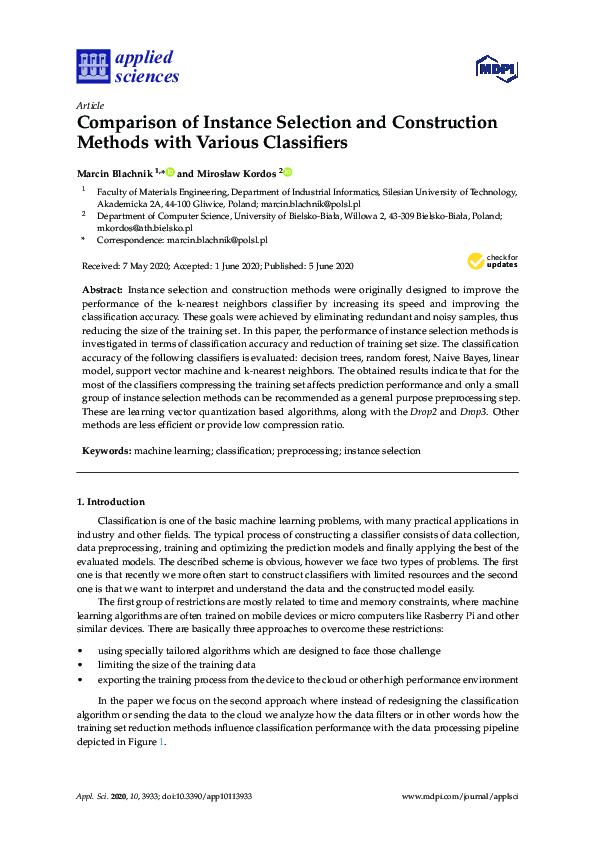 Pdf Comparison Of Instance Selection And Construction Methods With Various Classifiers