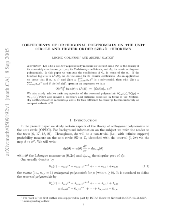 (PDF) Coefficients of Orthogonal Polynomials on the Unit Circle and Higher-Order Szego Theorems