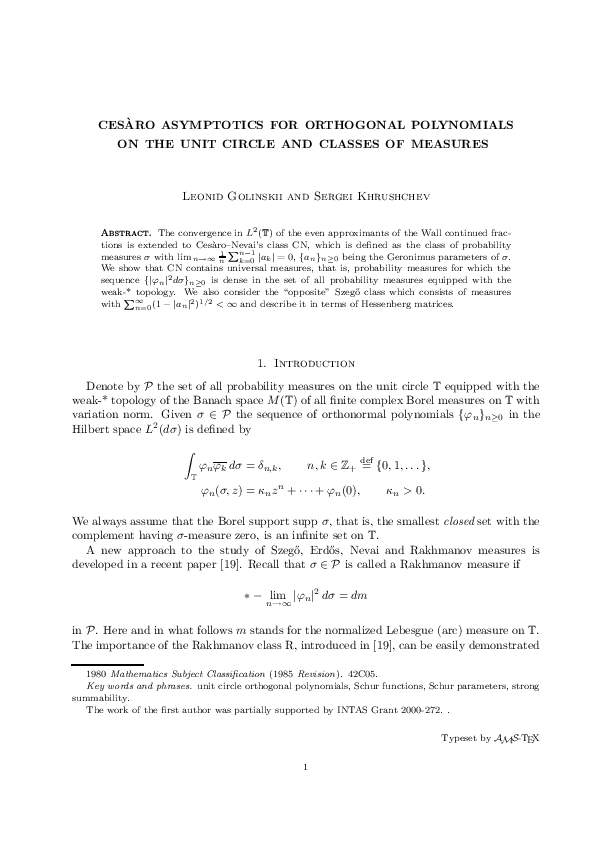 (PDF) Cesàro Asymptotics for Orthogonal Polynomials on the Unit Circle and Classes of Measures
