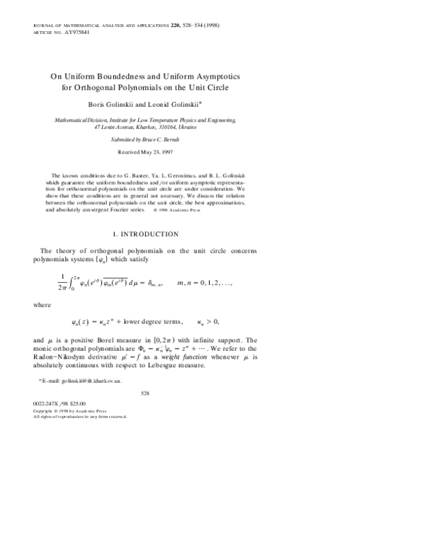 (PDF) Universality Limits Involving Orthogonal Polynomials on the Unit Circle | Doron Lubinsky ...