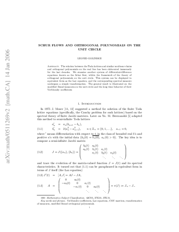 (PDF) Schur flows and orthogonal polynomials on the unit circle