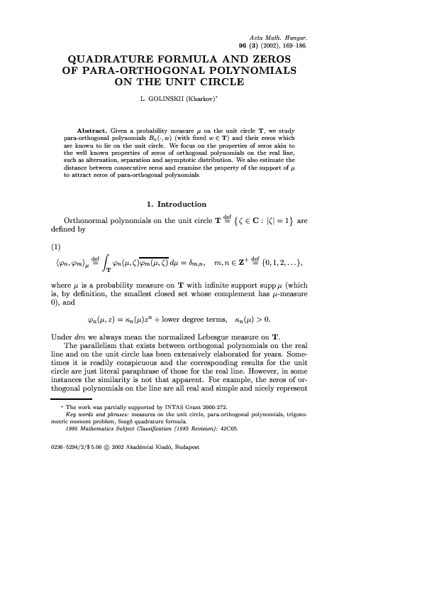 (PDF) Quadrature formula and zeros of para-orthogonal polynomials on the unit circle