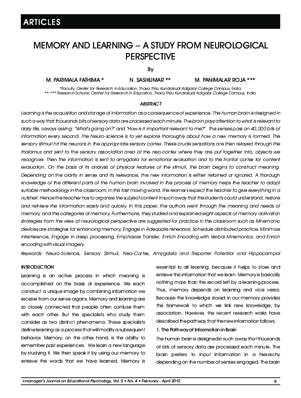 (PDF) MEMORY AND LEARNING -A STUDY FROM NEUROLOGICAL PERSPECTIVE