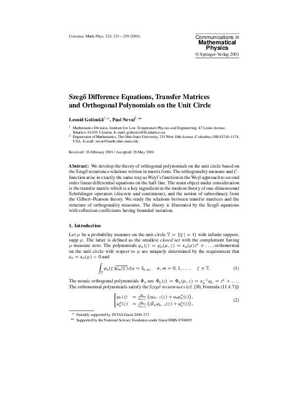 (PDF) Szegö difference equations, transfer matrices and orthogonal polynomials on the unit circle