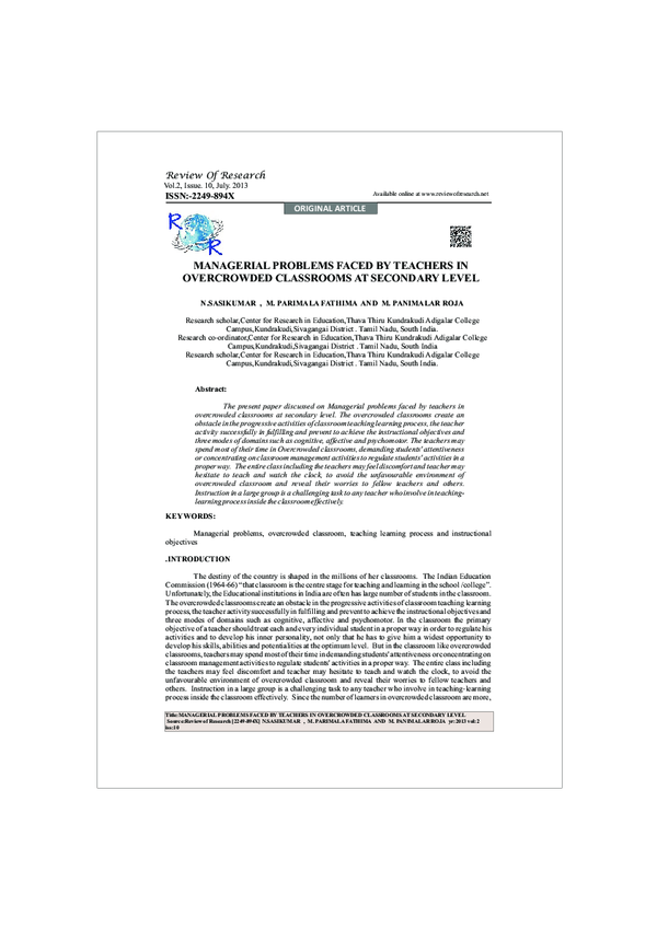 (PDF) MANAGERIAL PROBLEMS FACED BY TEACHERS IN OVERCROWDED CLASSROOMS ...