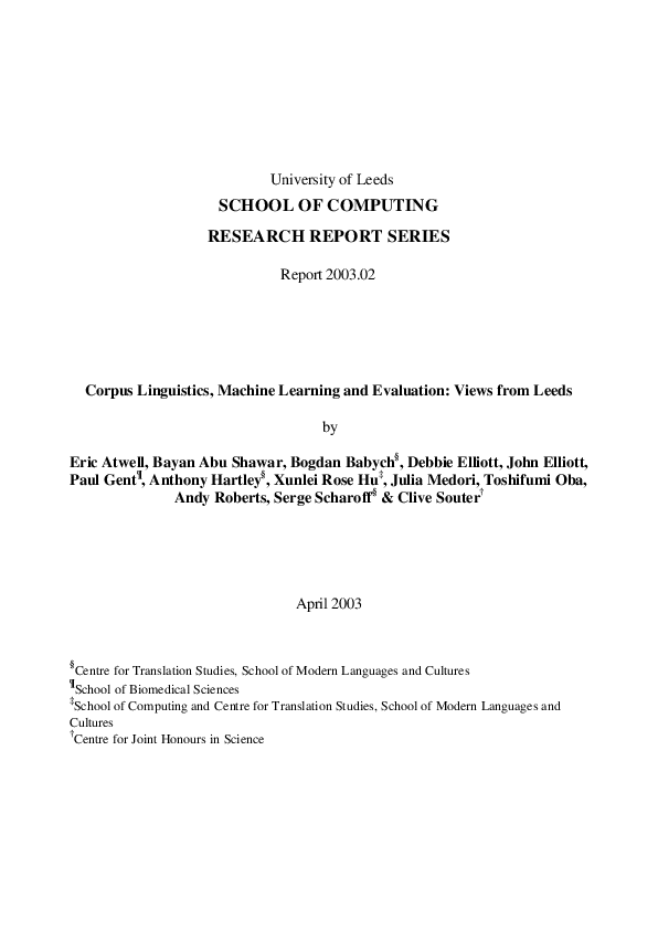 (PDF) Corpus Linguistics, Machine Learning and Evaluation: Views from Leeds