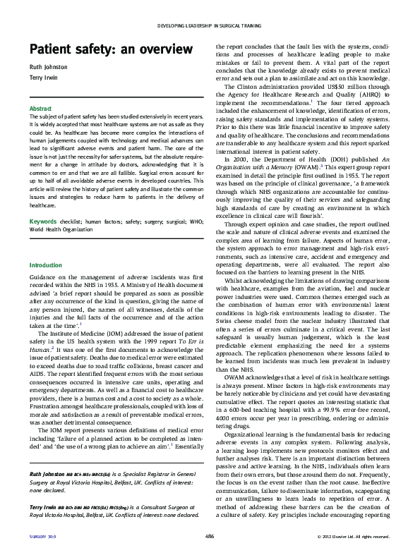 (PDF) Patient safety: an overview