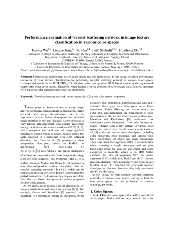 (PDF) Performance evaluation of wavelet scattering network in image texture classification in ...
