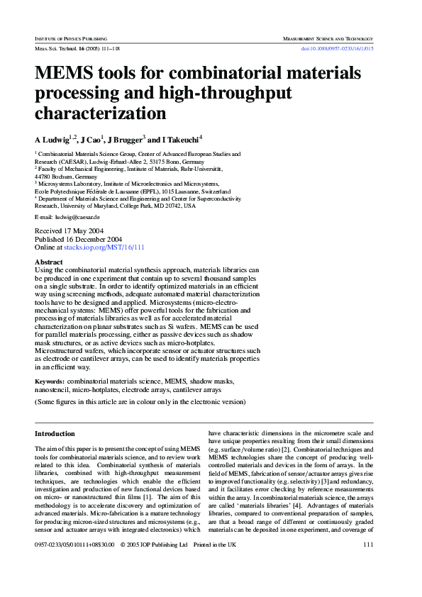 (PDF) MEMS tools for combinatorial materials processing and high ...