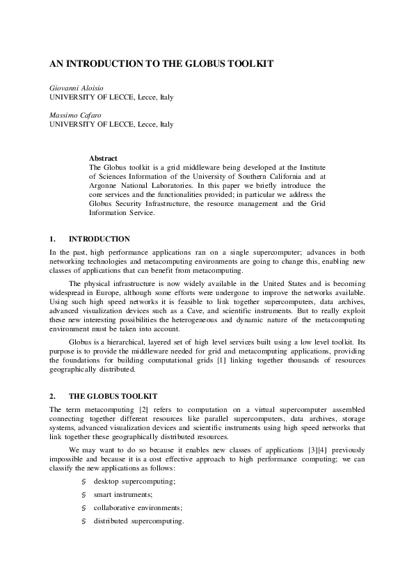 (PDF) An introduction to the Globus toolkit