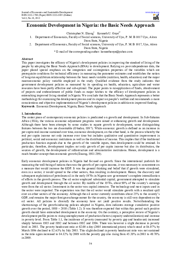 (PDF) Economic Development in Nigeria: the Basic Needs Approach