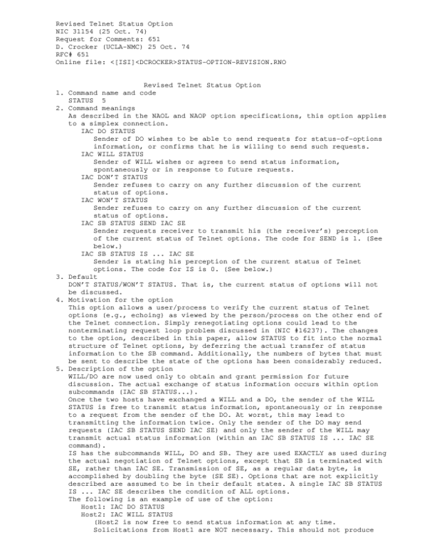 Revised Telnet status option