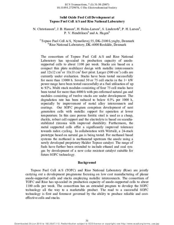 (PDF) Advancements in Solid Oxide Fuel Cells at Topsoe