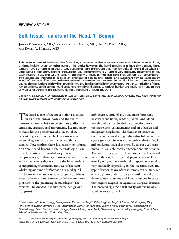 (PDF) Soft Tissue Tumors of the Hand. 1. Benign