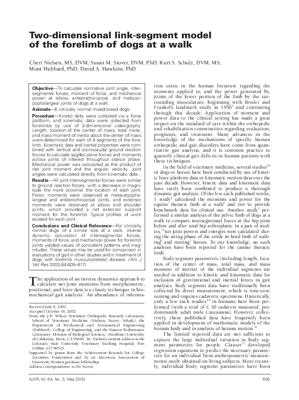 (PDF) Two-dimensional link-segment model of the forelimb of dogs at a walk