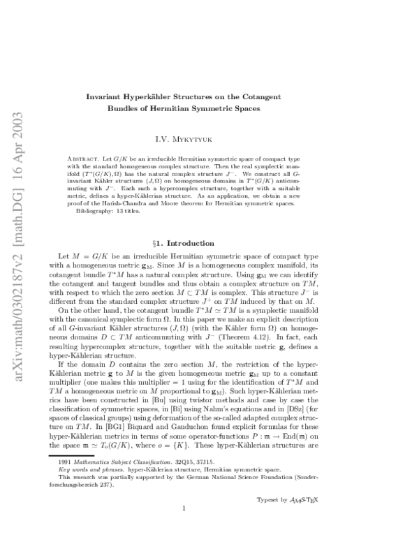 (PDF) Invariant hyperkahler structures on the cotangent bundles of Hermitian symmetric spaces