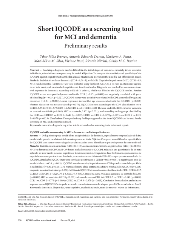 (PDF) Short IQCODE as a screening tool for MCI and dementia ...