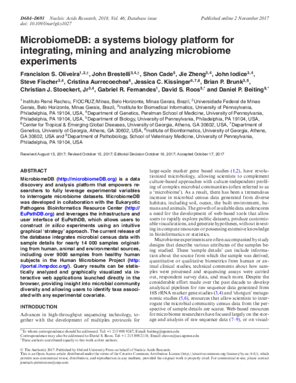 (PDF) MicrobiomeDB: a systems biology platform for integrating, mining ...