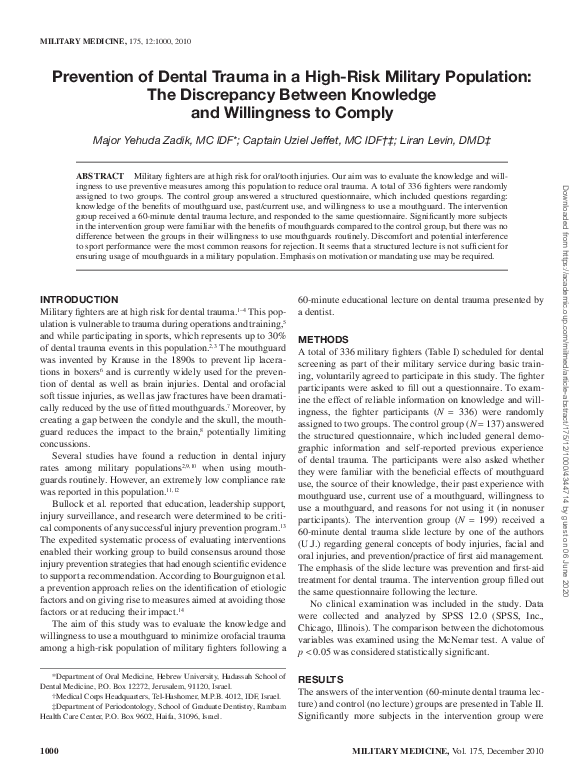 (PDF) Prevention of dental trauma in a high-risk military population ...