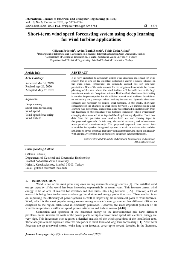 Pdf Short Term Wind Speed Forecasting System Using Deep Learning For Wind Turbine Applications