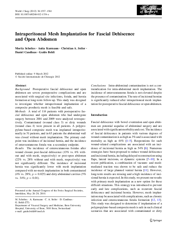 (PDF) Intraperitoneal Mesh Implantation for Fascial Dehiscence and Open ...